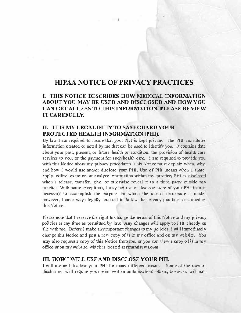 HIPAA Notice of Privacy Practices - R. Marc Andrews LCSW, DCSW, MS